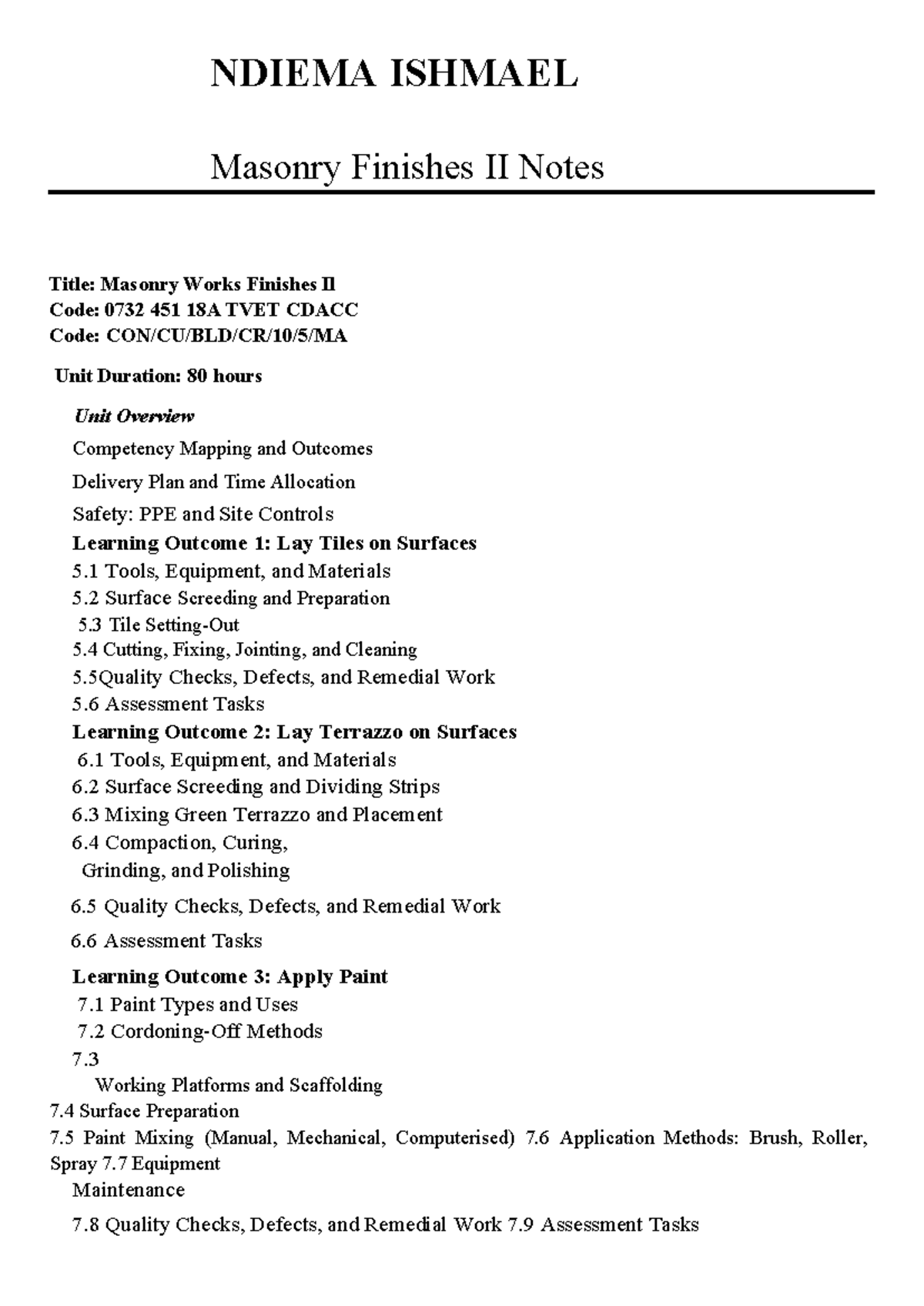 Masonry Finishes II Notes (0732 451 18A) - Comprehensive Guide - Studocu