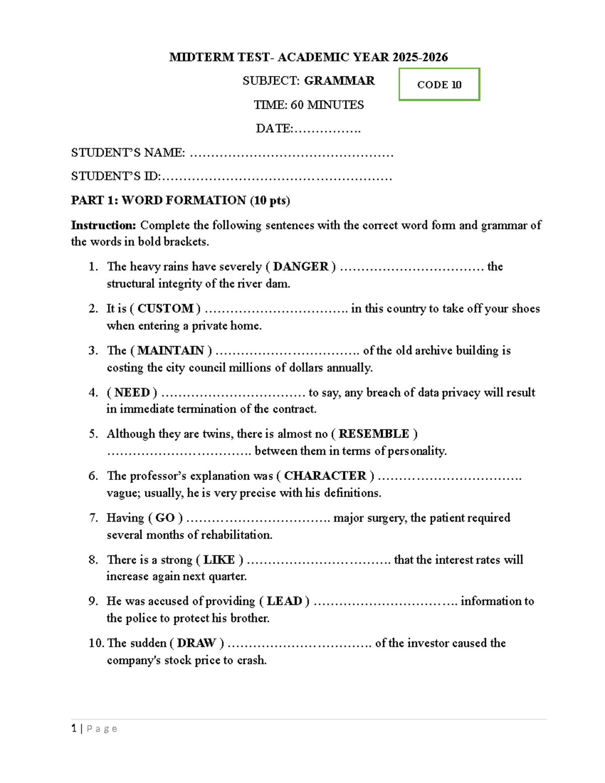 Midterm Test: Grammar Code 10 - Advanced Answer Key - Studocu