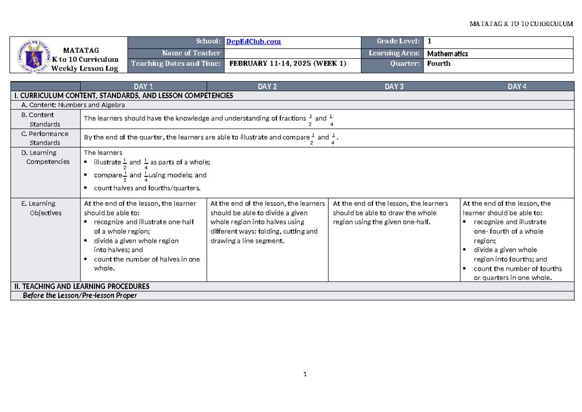 DLL Matatag Mathematics 1 Quarter 4 Week 1 Lesson Plan - Studocu