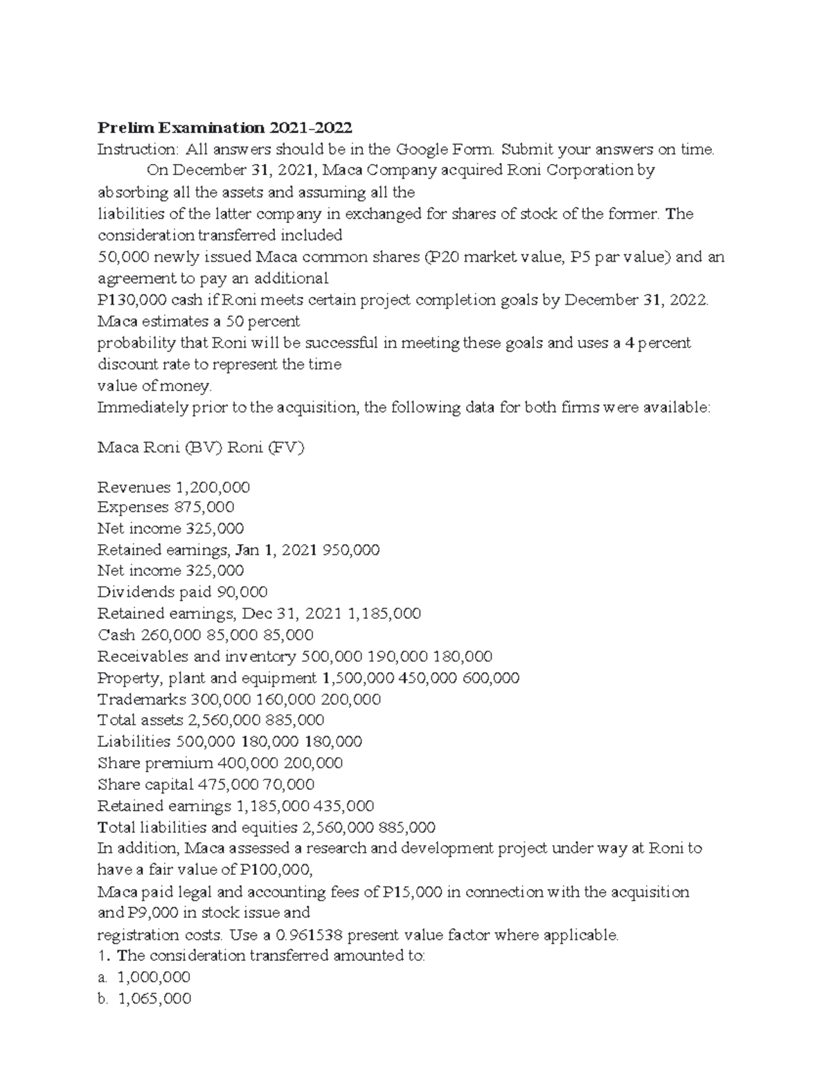 Abc - Accounting for Business Combination: Prelim Exam Insights - Studocu