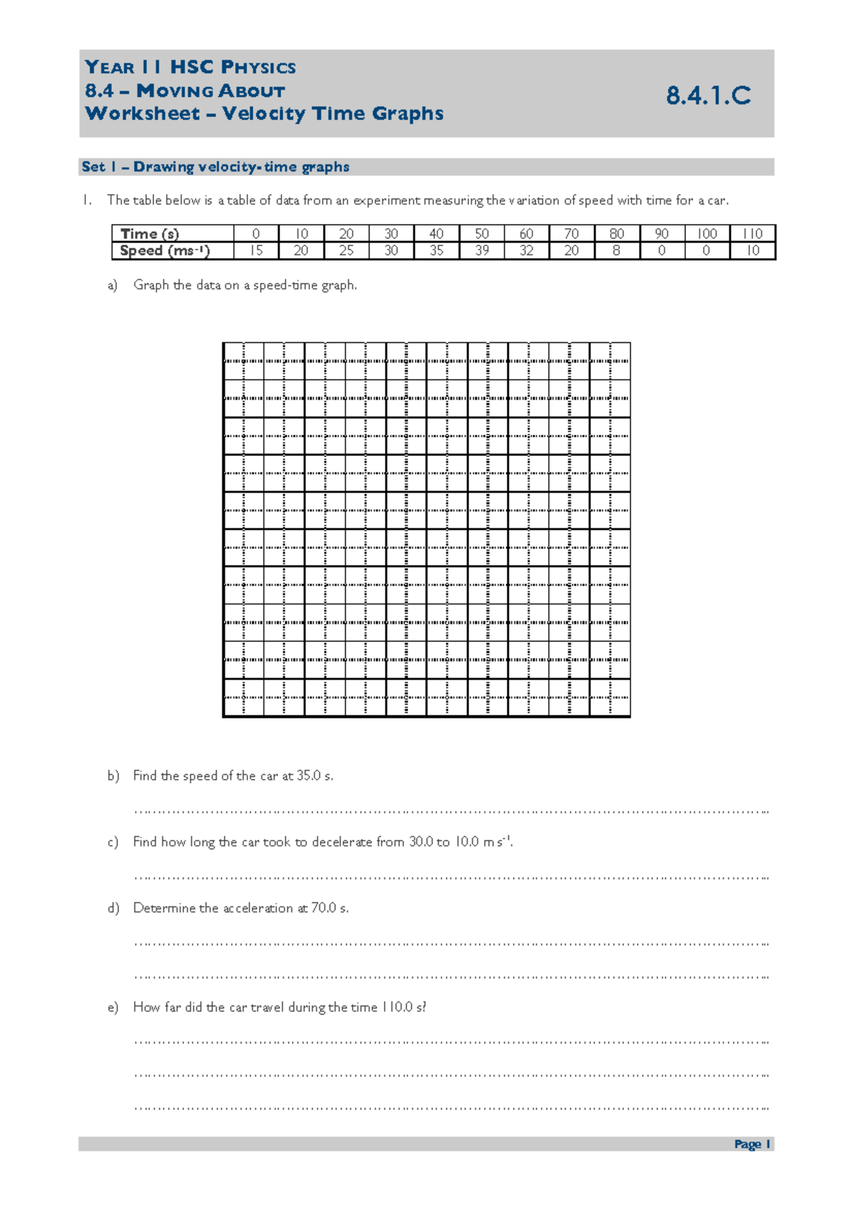 HSC Physics Year 11 - Velocity-Time Graphs Worksheet & Solutions - Studocu