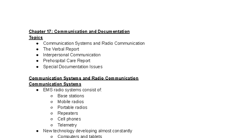 Chapter 17: Communication & Documentation in EMS Systems - Studocu