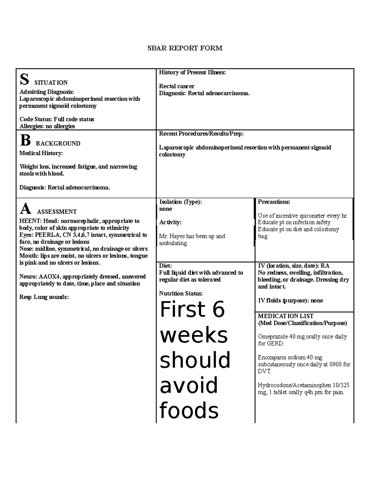 SBAR Report on Patient Marvin Hayes - Medical Assessment Summary - Studocu
