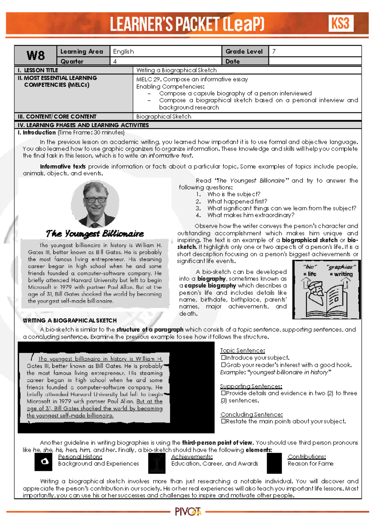 Q4 English 7 Writing a Biographical Sketch Lesson Plan - Studocu