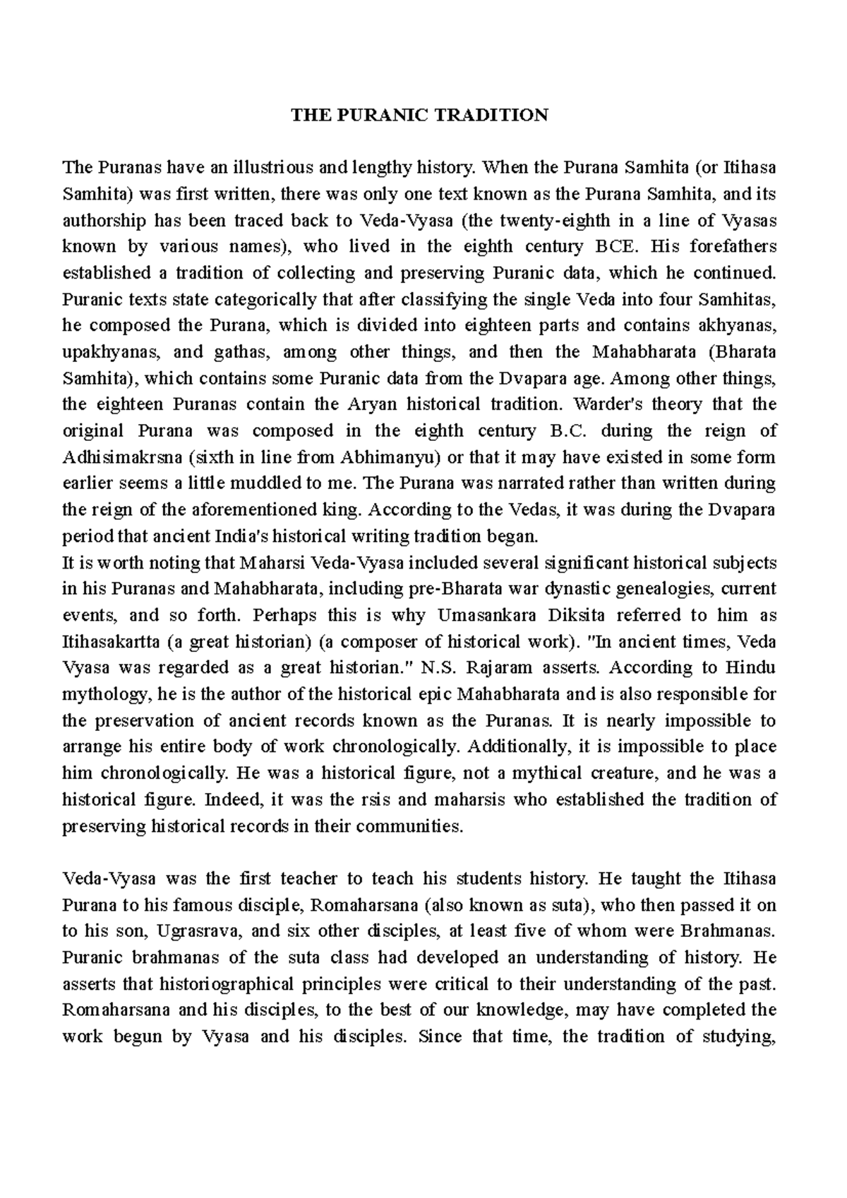 Puranic Tradition Lecture Notes: Historical Aspects and Value (Lecture ...