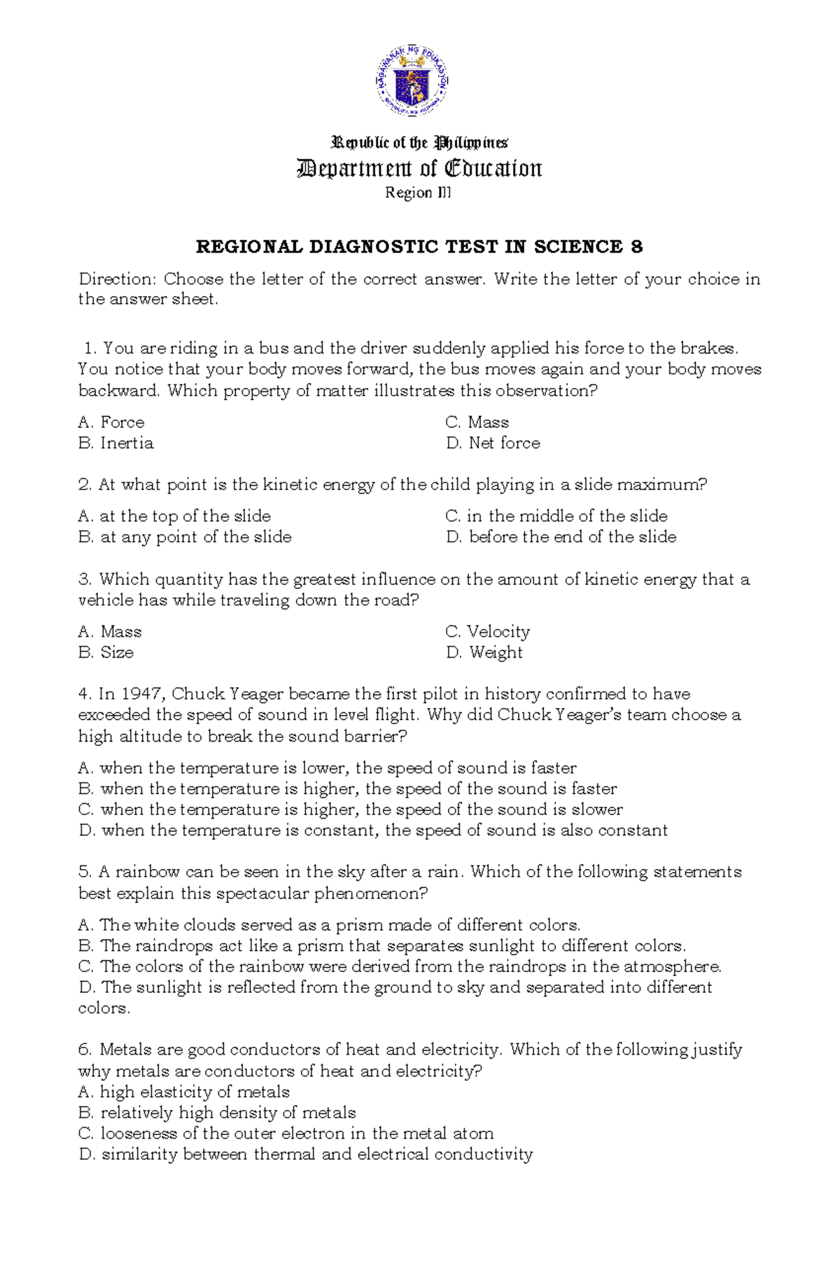 Regional Diagnostic Test in Science 8 - Review Questions and Answers ...
