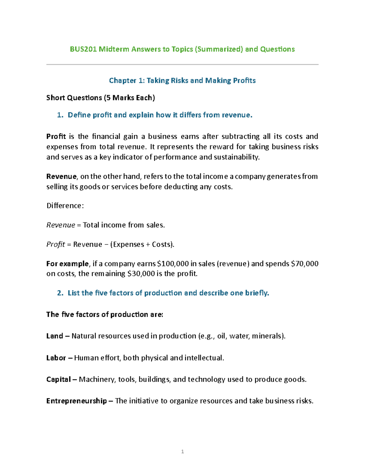 BUS201 Midterm Study Guide: Key Topics & Questions Summary - Studocu