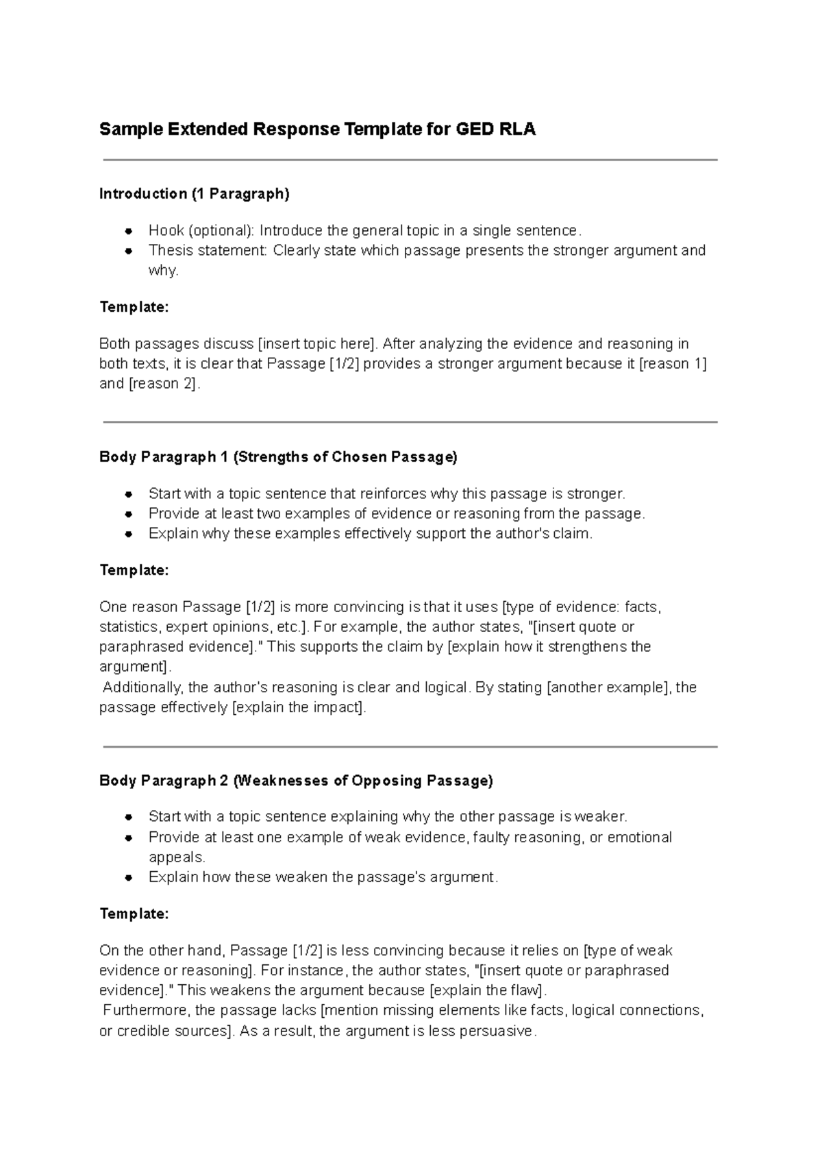 Sample Extended Response Template for GED RLA Exam Analysis - Studocu