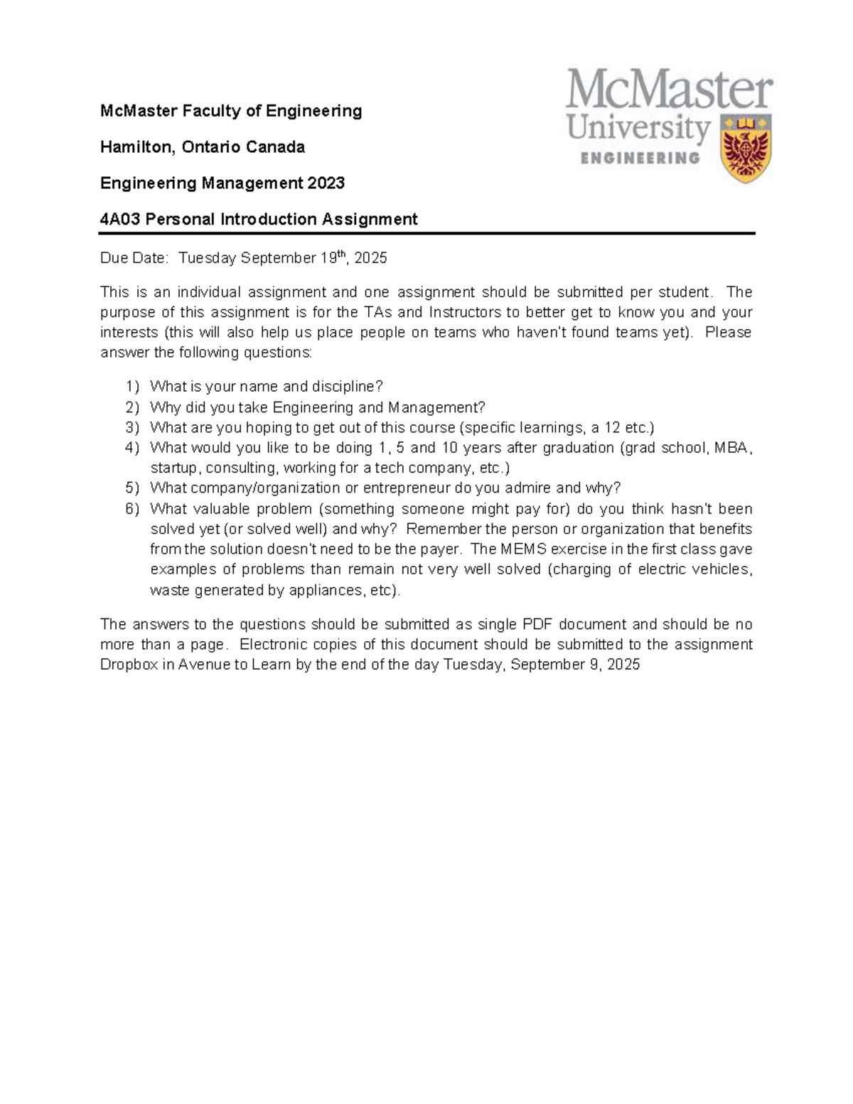 ENGM 2023 4A03 Personal Introduction Assignment Guidelines - Studocu
