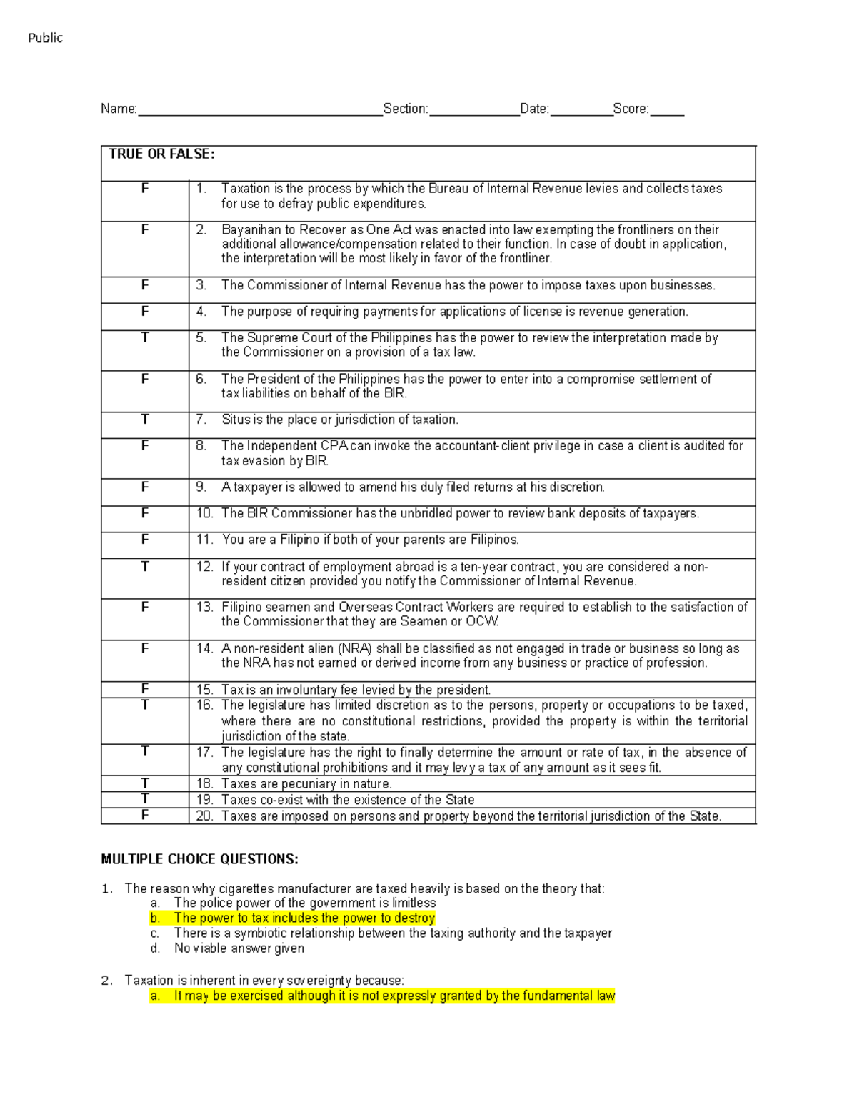 Tax-Long-Quiz: True or False & Multiple Choice on Taxation - Studocu