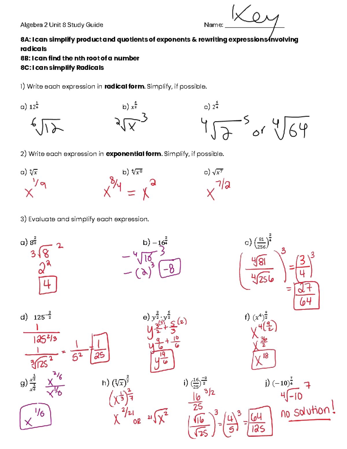 Algebra 2 Unit 8 Study Guide: Exponents & Radicals Simplification - Studocu