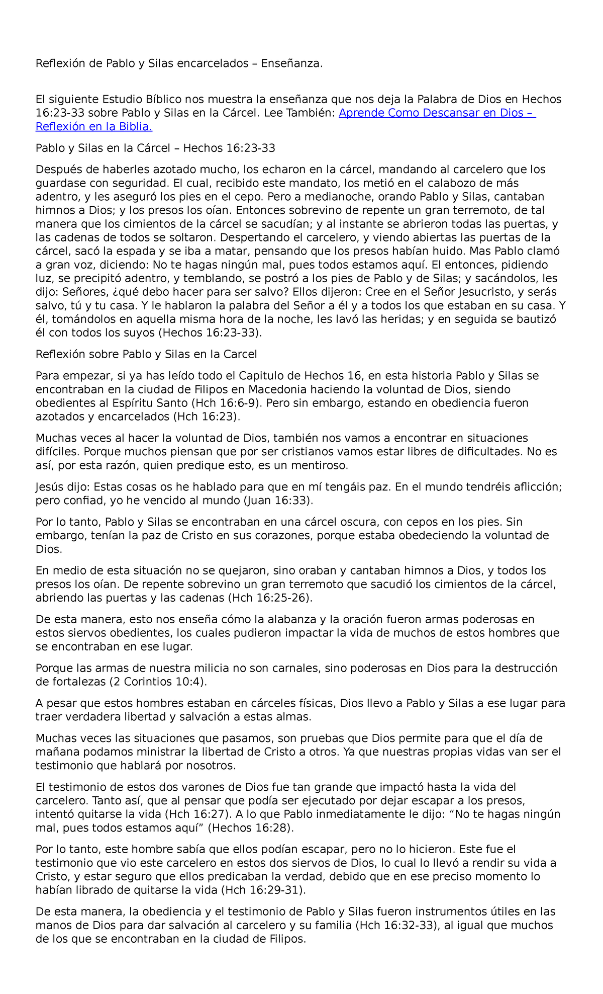 Reflexión de Hechos 16:23-33 sobre Pablo y Silas en la Cárcel - Studocu