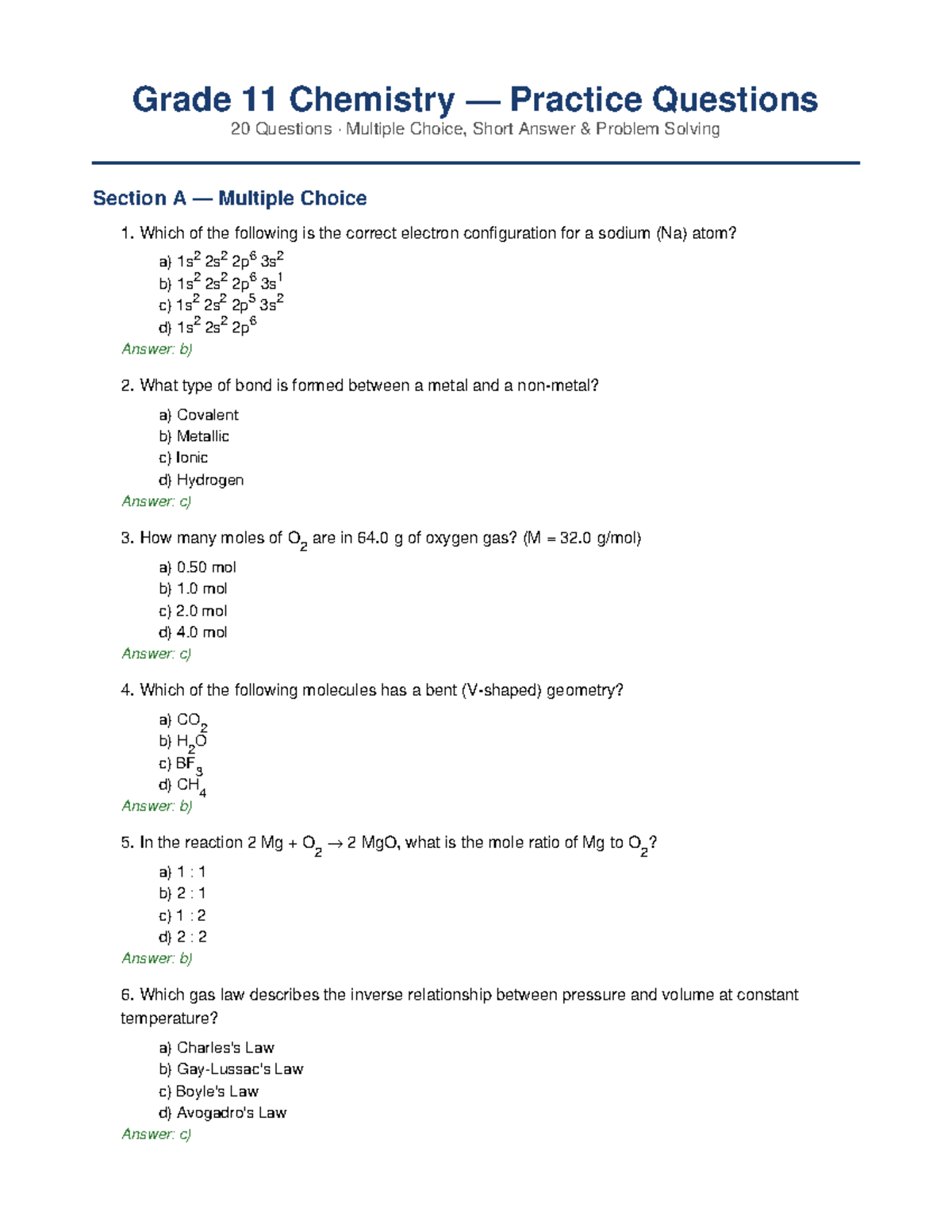 Grade 11 Chemistry Practice Questions: MCQs & Short Answers - Studocu