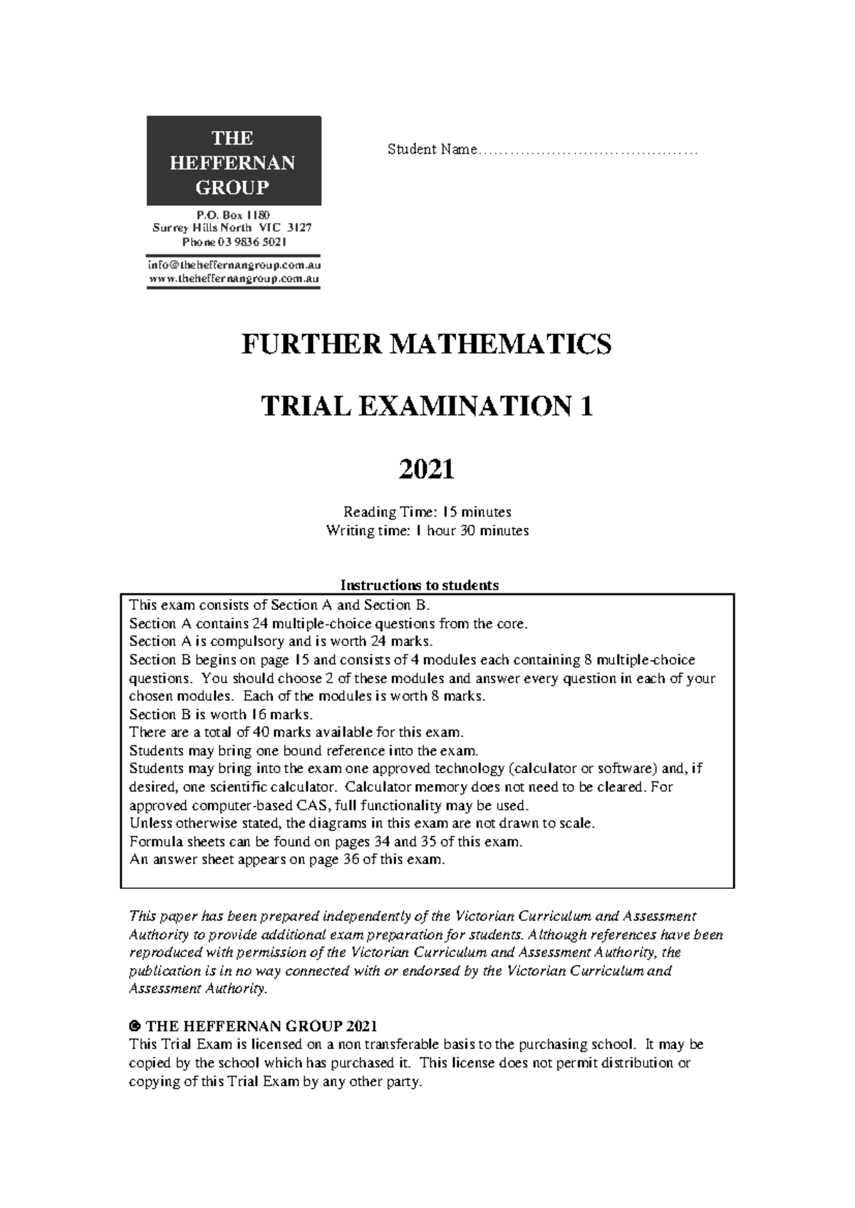 2021 Further Maths Trial Exam 1 - Complete Preparation Guide - Studocu