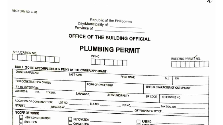 Plumbing Permit Application Form - NBC FORM NO. A - Studocu