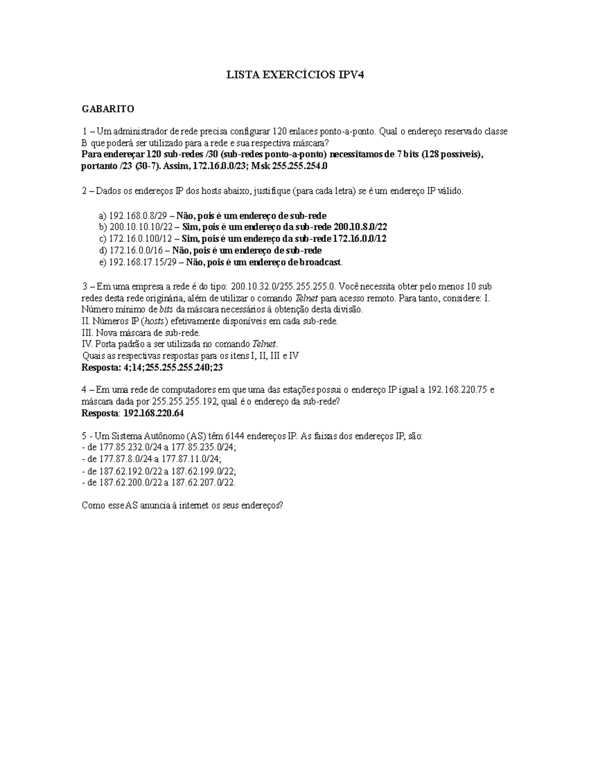 Exercícios de IPv4 2021_1: Gabarito Completo e Soluções - Studocu