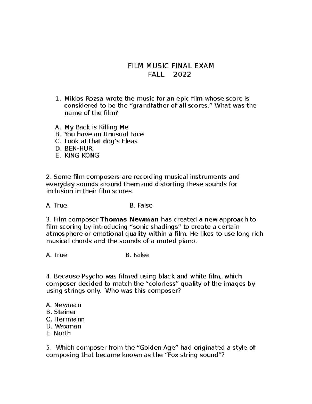 FILM MUSIC FINAL EXAM - FALL 2022 REVIEW QUESTIONS - Studocu