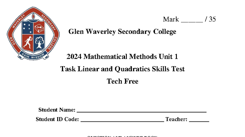 Methods U1AOS1 - Linear and Quadratics Skills Test 2024-2023 - Studocu