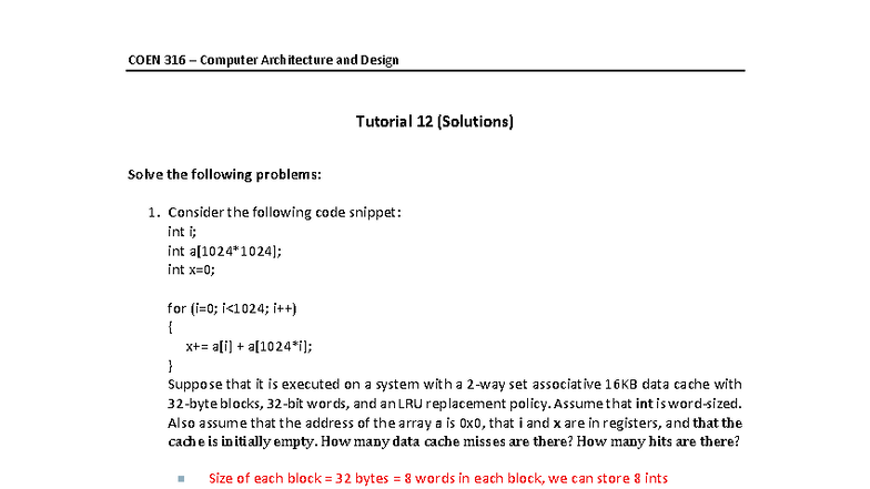 COEN 316 Computer Architecture Tutorial 12 Solutions - Cache Mapping ...