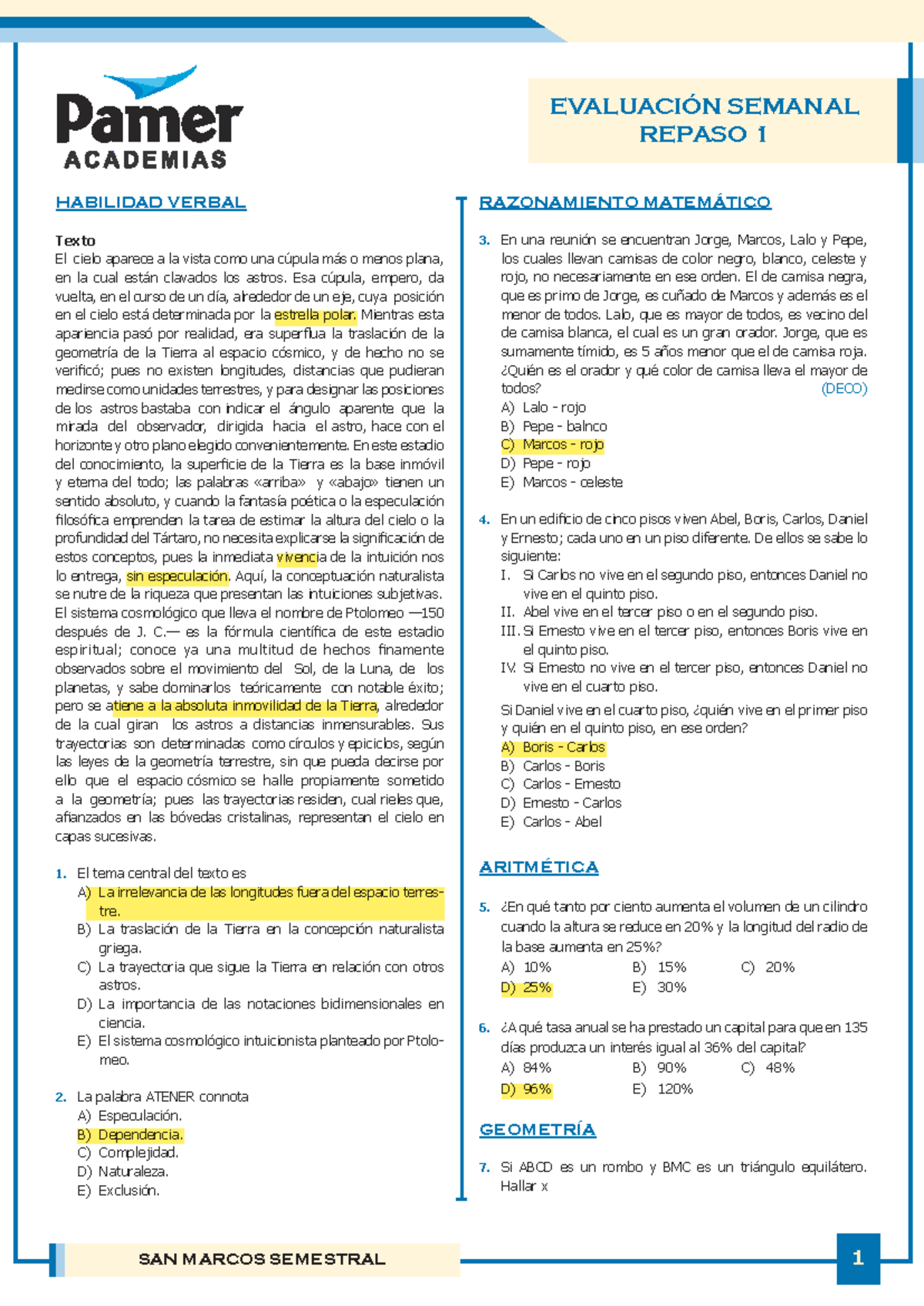 EVA R1 - resolver - EVALUACIÓN SEMANAL REPASO 1 HABILIDAD VERBAL Texto ...