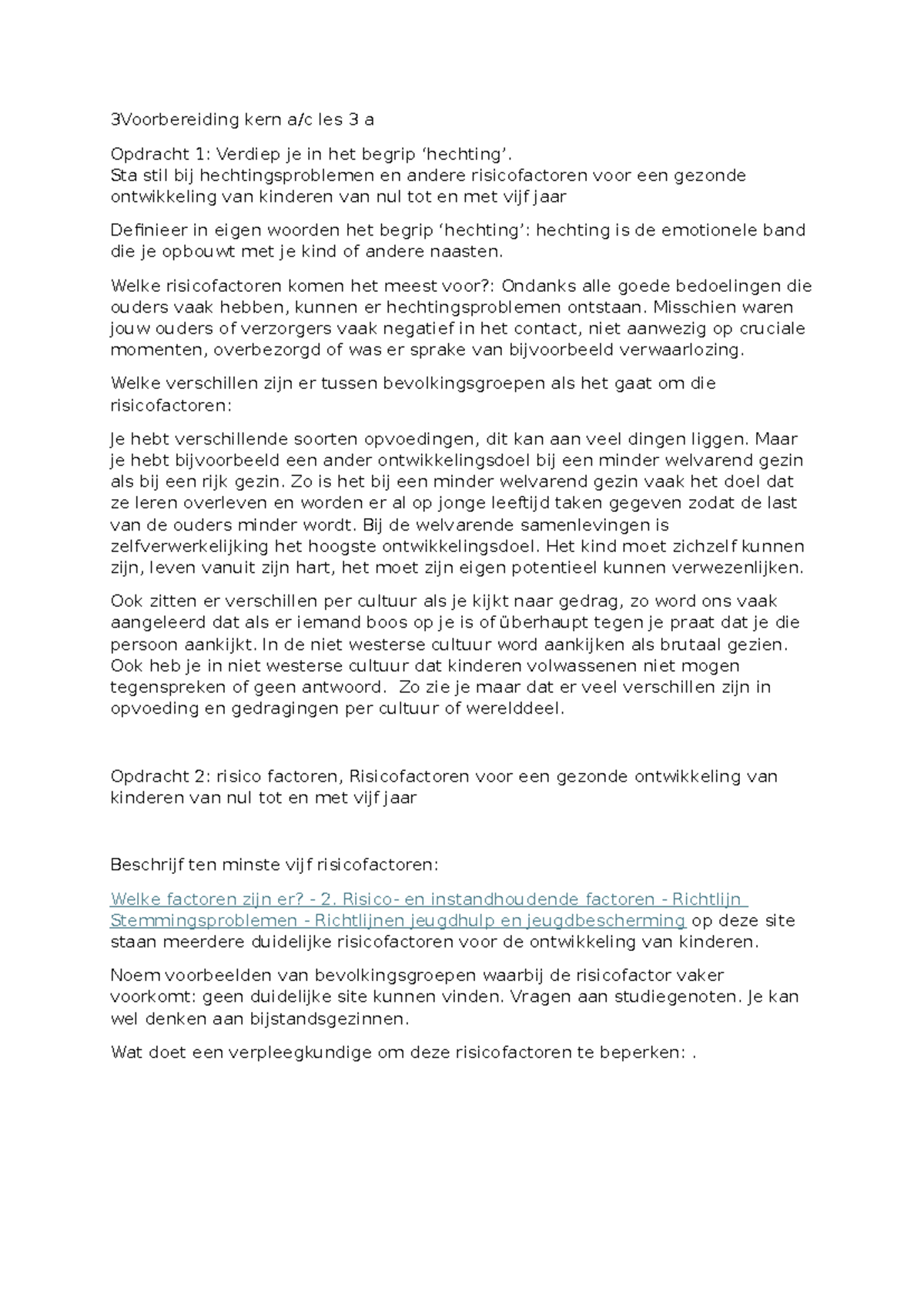 Les 3a - Hechting en Risicofactoren in de Kindontwikkeling - Studeersnel