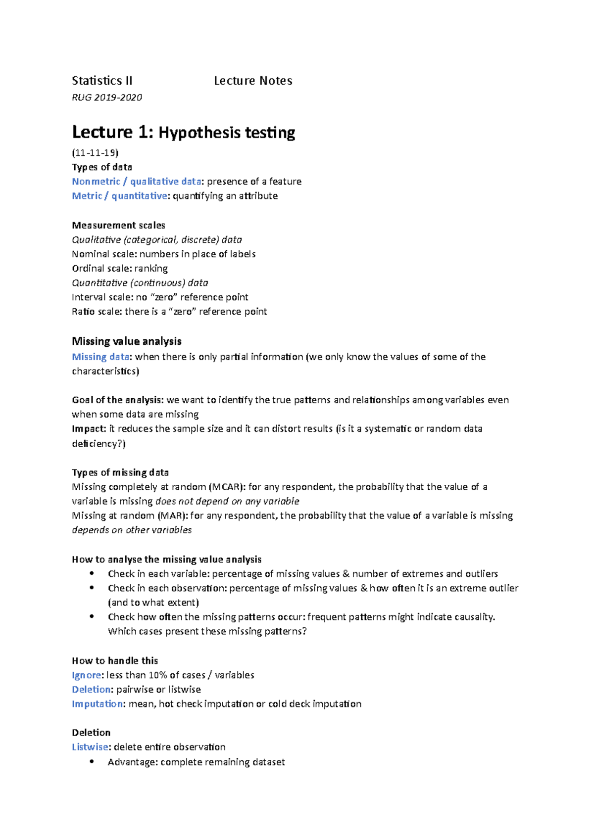 Lecture Notes Summary: Statistics II (RUG 2019) - Lectures 1-7 ...