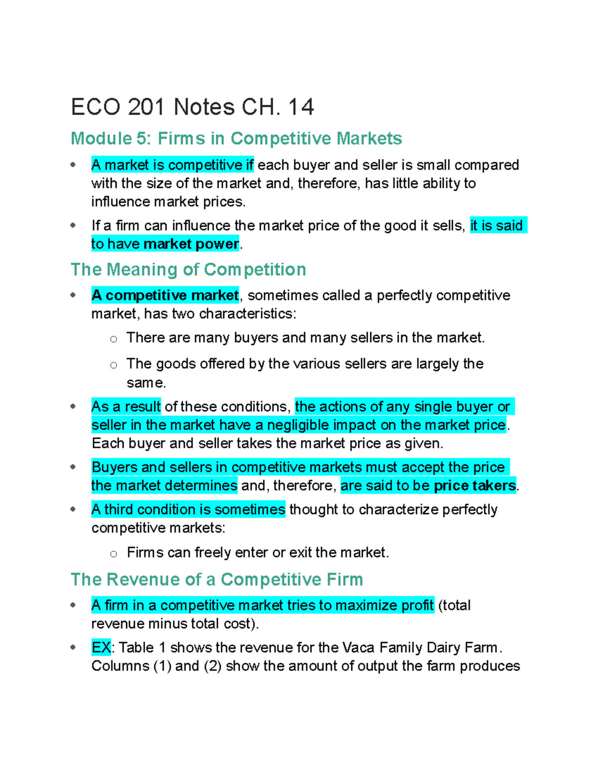 ECO 201 CH. 14 Notes - ECO 201 Notes CH. 14 Module 5: Firms in ...