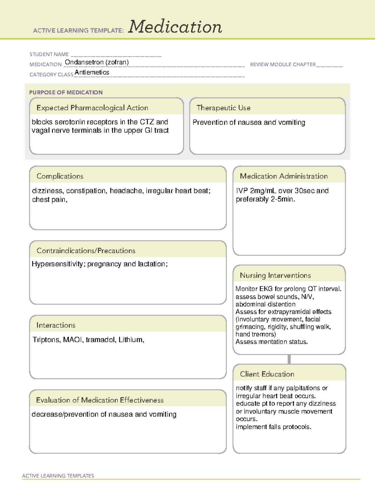 ACTIVE LEARNING TEMPLATE: Ondansetron (Zofran) Drug Card Review - Studocu