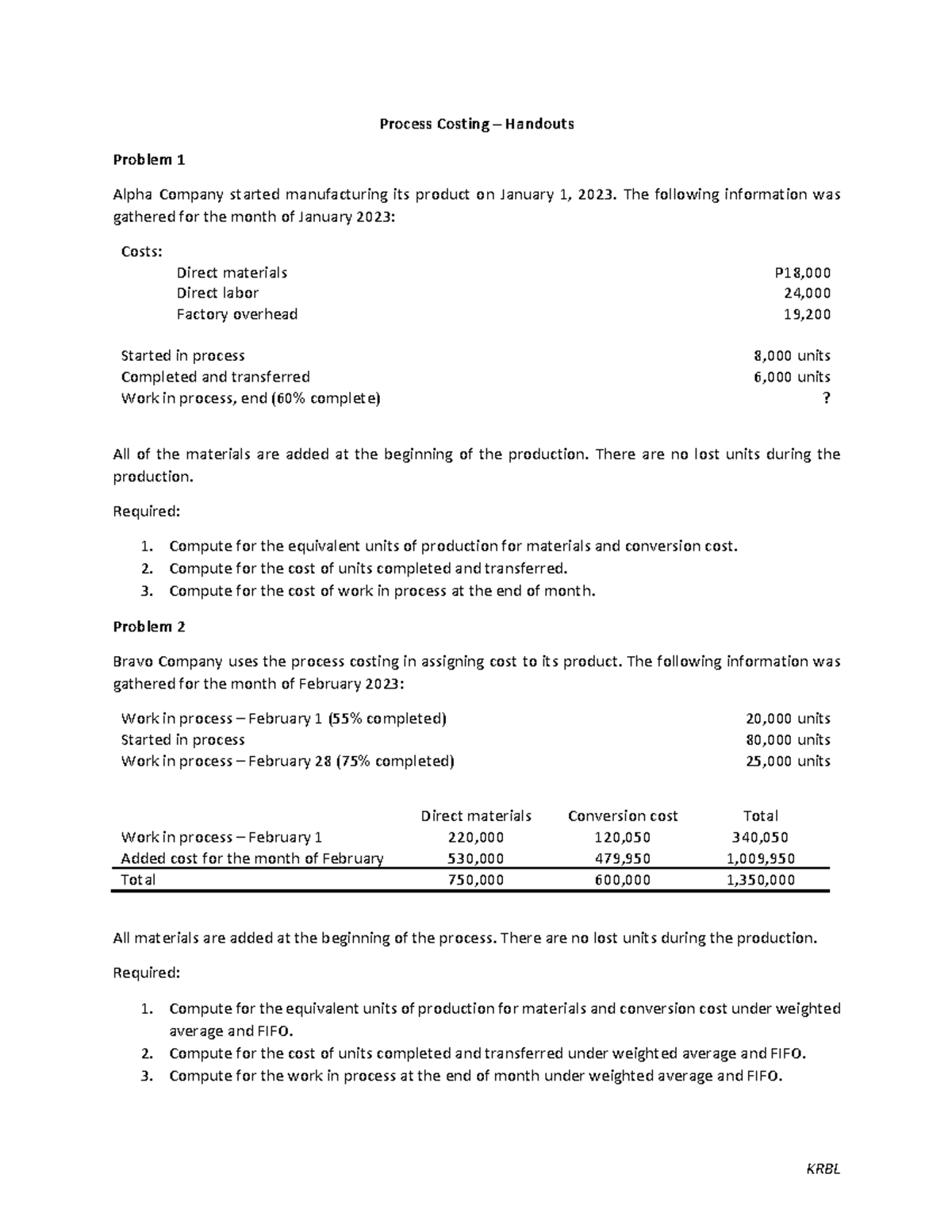 Process Costing Case Study & Handouts (KRBL) – Jan to Mar 2023 - Studocu