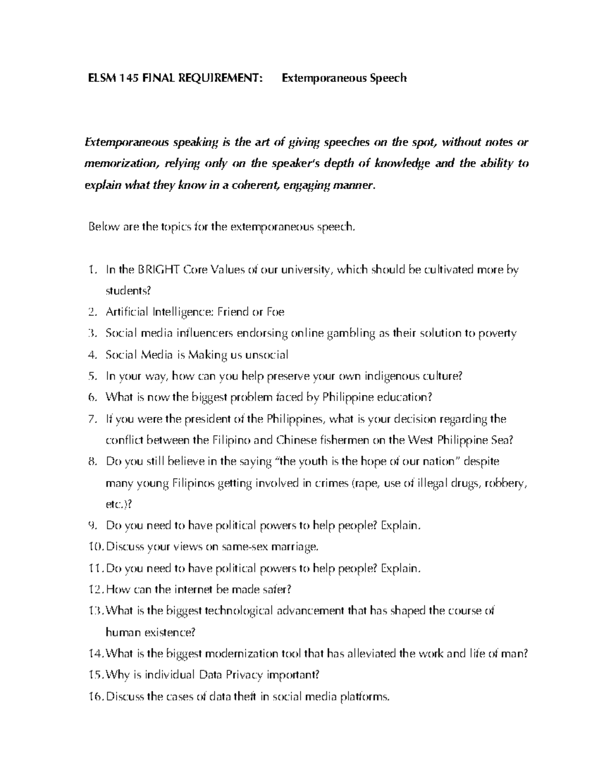 Extemporaneous-Speech-Topics - ELSM 145 FINAL REQUIREMENT ...