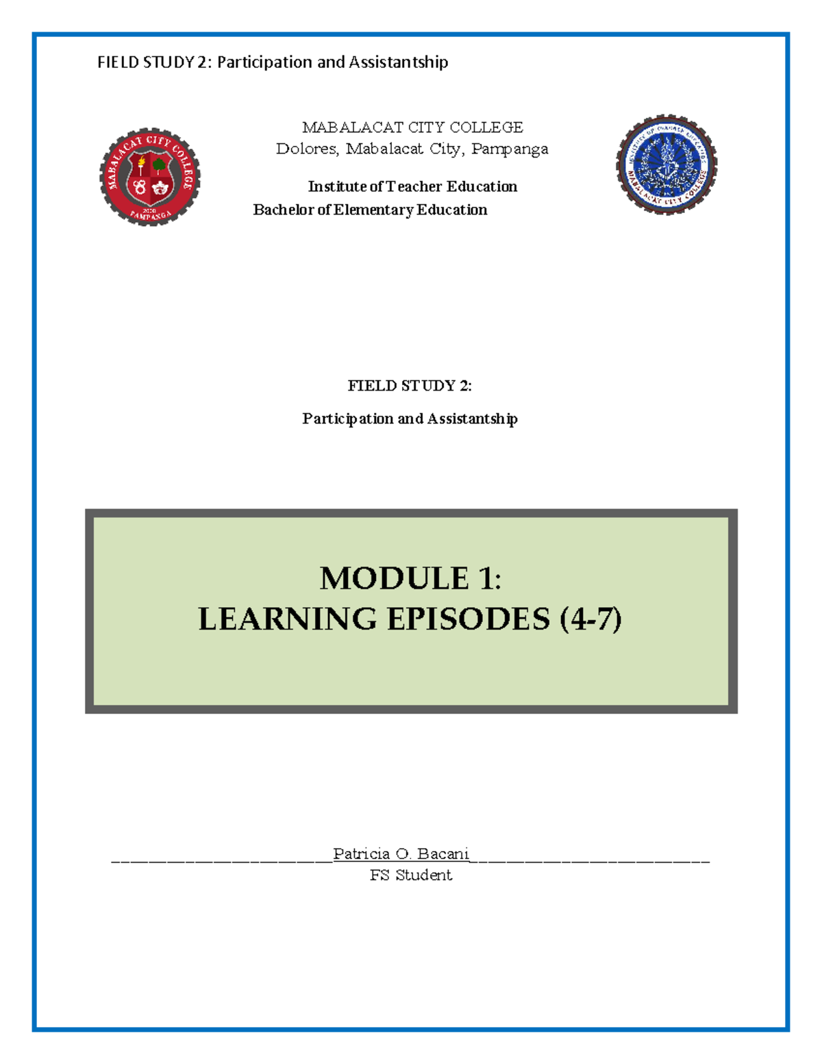 FIELD STUDY 2: Participation & Assistantship Learning Episodes Overview - Studocu