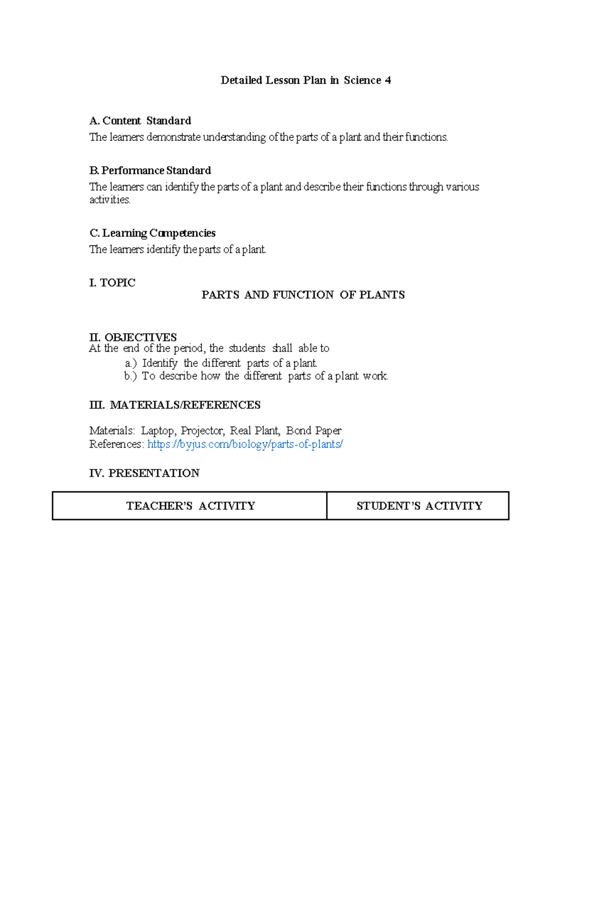 Science 4 Lesson Plan: Parts & Functions of Plants - Studocu
