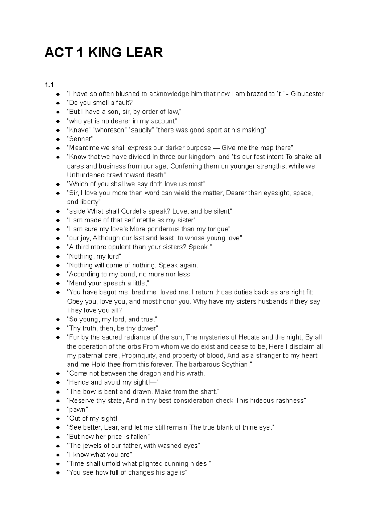 ACT 1 KING LEAR: Essential Key Quotes Analysis - Studocu