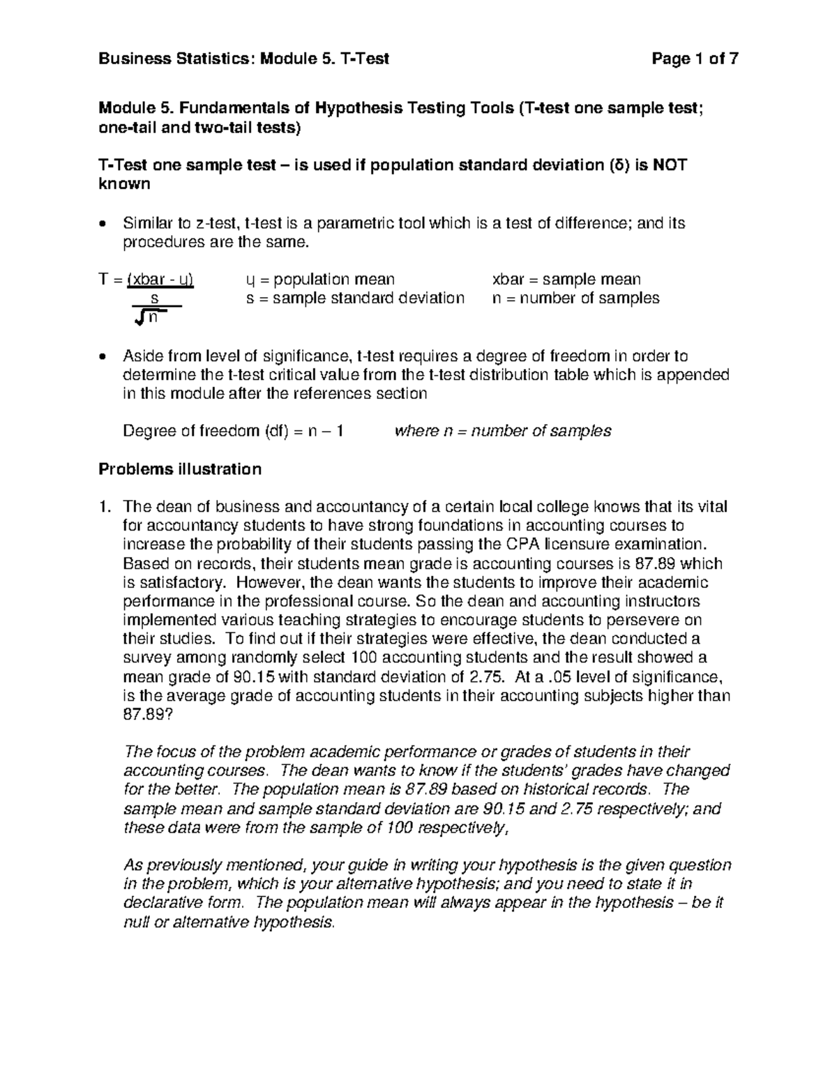 Statistics Module 5. Module 5. Fundamentals of Hypothesis Testing Tools ...