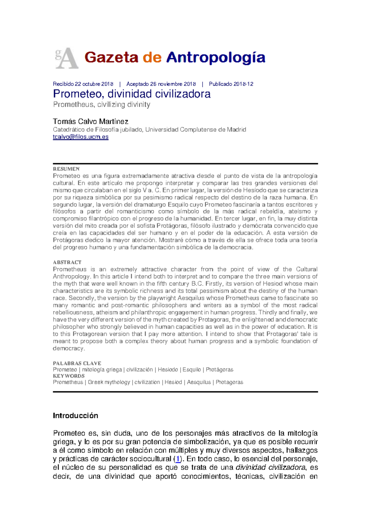 Sobre Prometeo: Interpretaciones de Hesíodo, Esquilo y Protágoras - Studocu