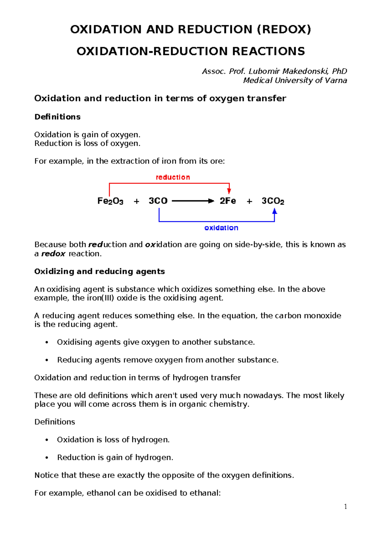 Redox Reactions: Understanding Oxidation and Reduction Processes - Studocu