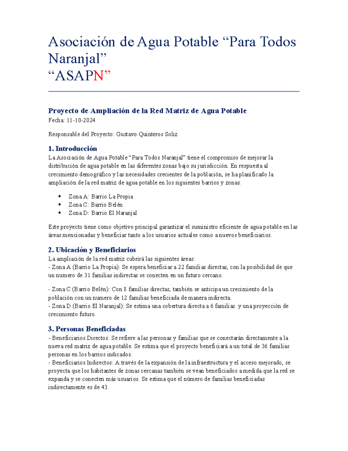 Proyecto Ampliación Red Matriz Agua Potable - Asociación Naranjal - Studocu