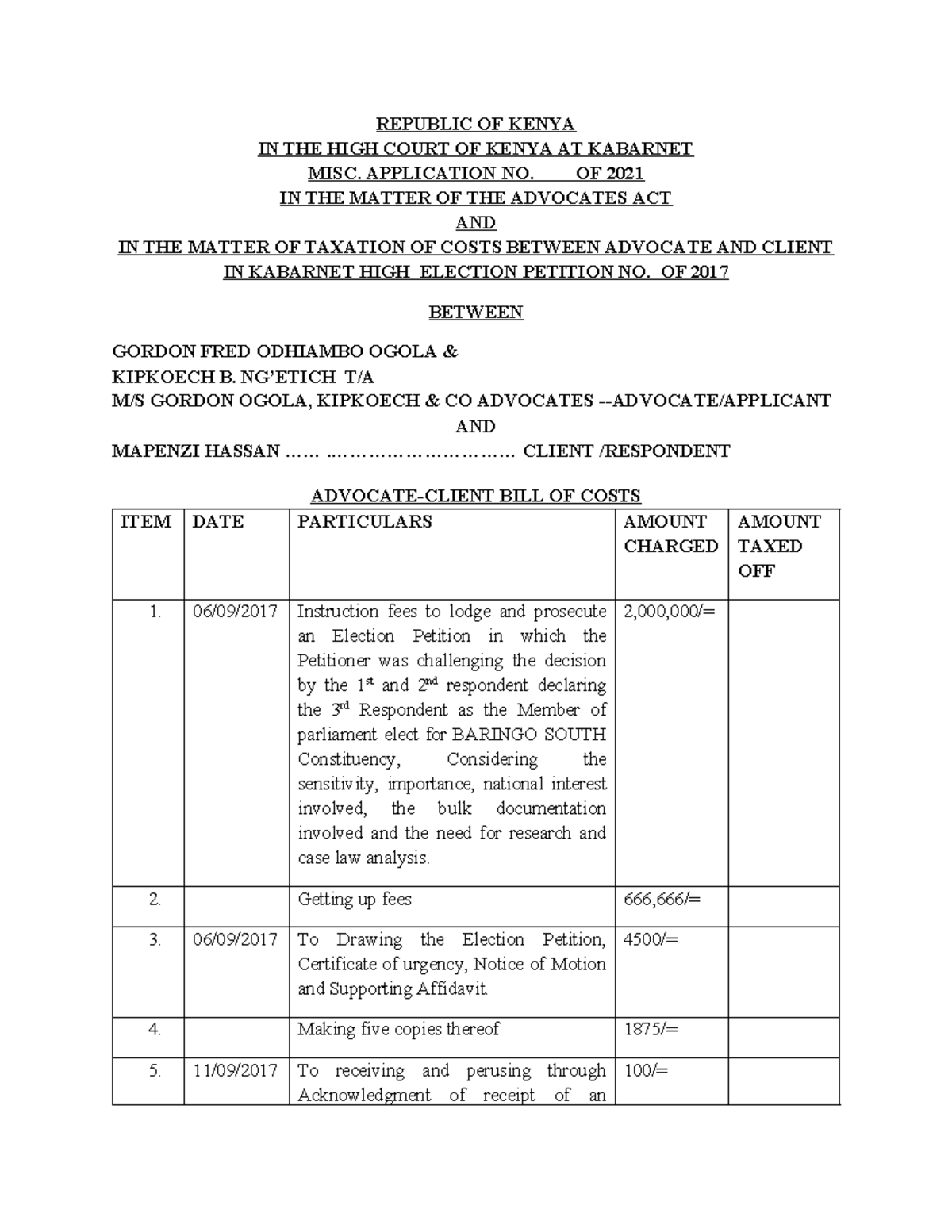 Advocate-Client Bill of Costs in High Court Case No. 2021 - Studocu