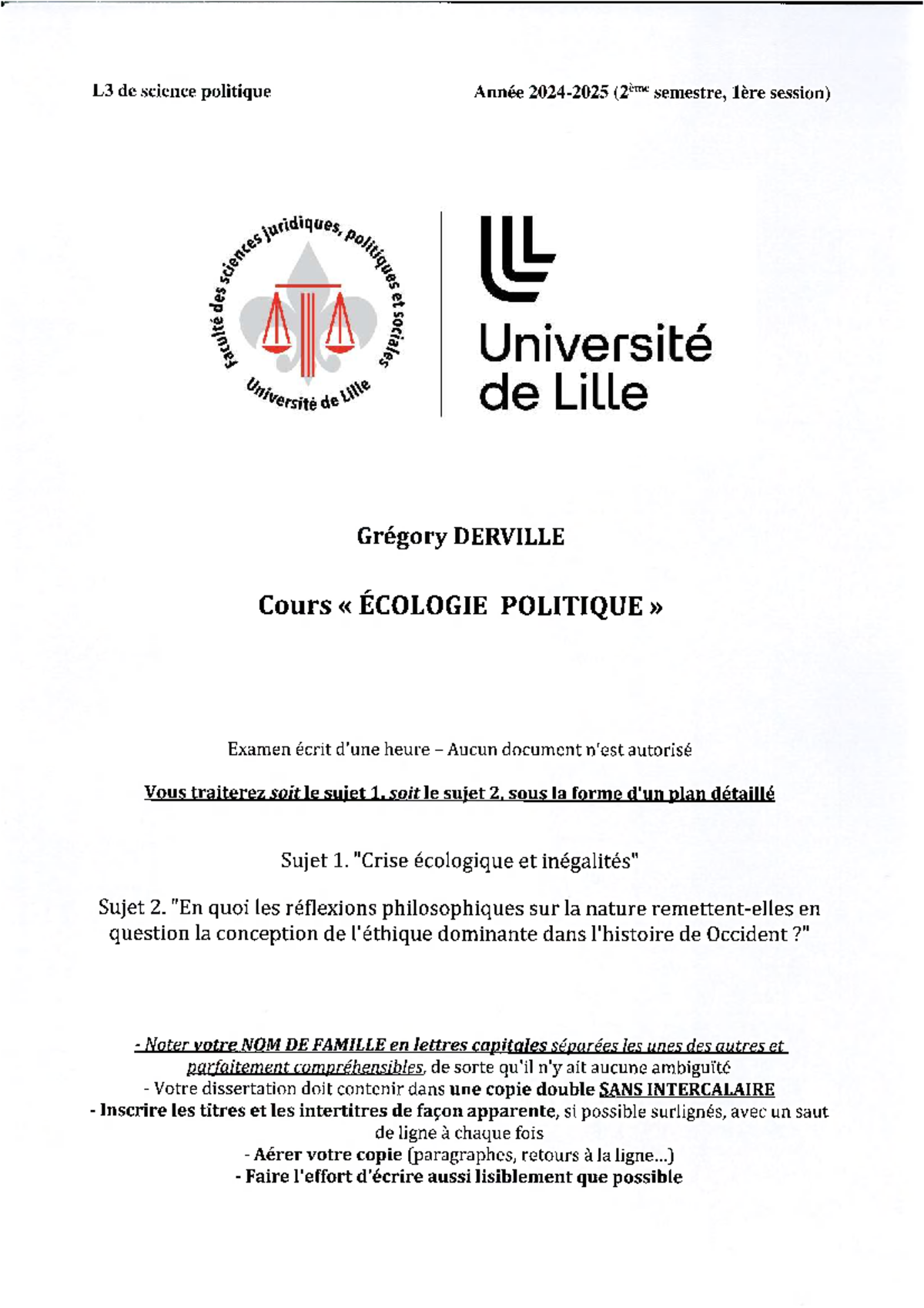 Sujet Partiel - Examen Écologie Politique L3 - Université de Lille ...