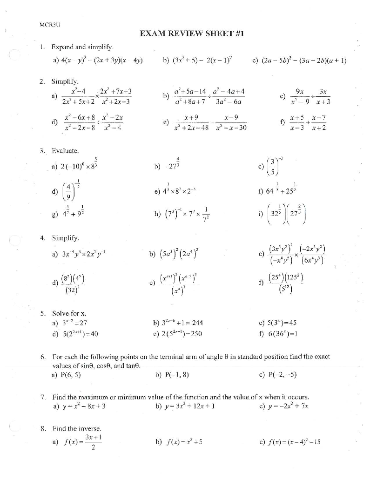 MCR3U EXAM REVIEW SHEET: Comprehensive Study Guide - Studocu