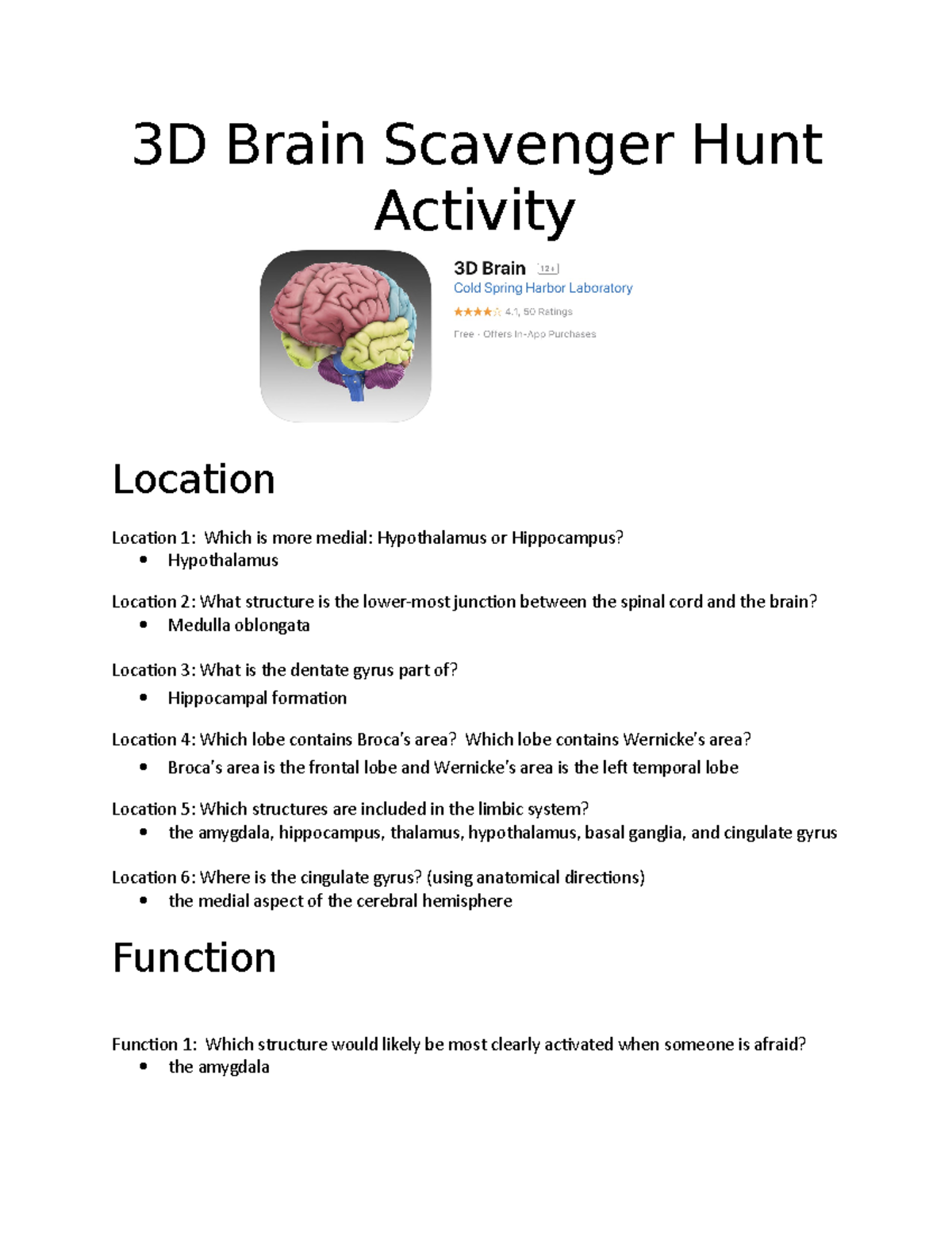 3D Brain Scavenger Hunt: Anatomy & Functions Exploration Activity - Studocu