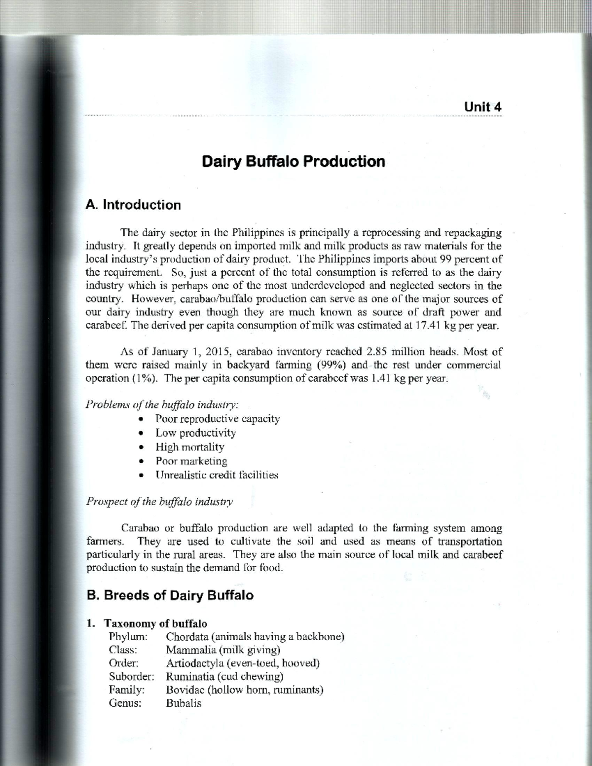 Unit 4: Dairy Buffalo Production and Management in Philippine Context ...