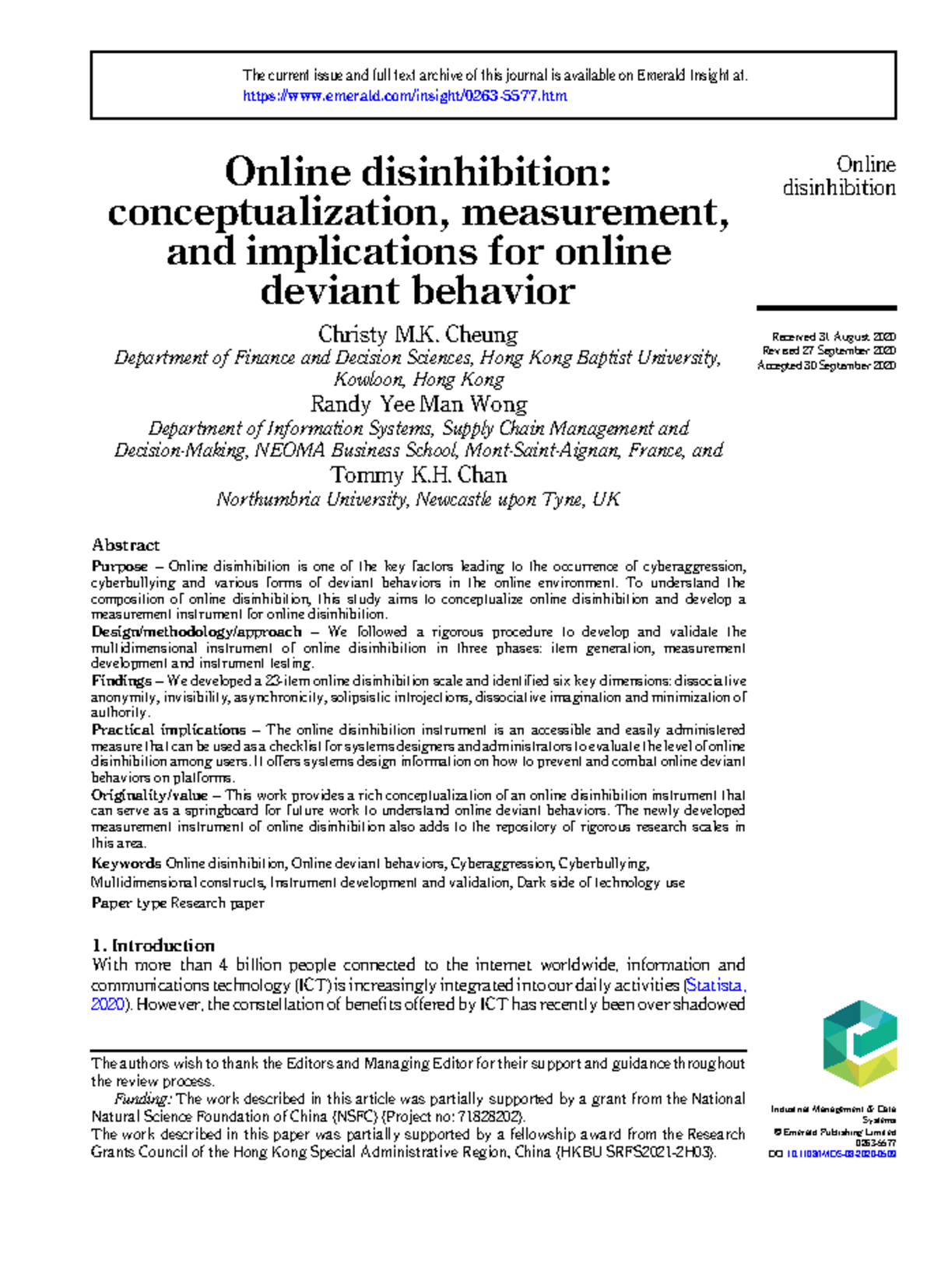 "IMDS 2020 - Measuring Online Disinhibition: Concepts and Implications ...