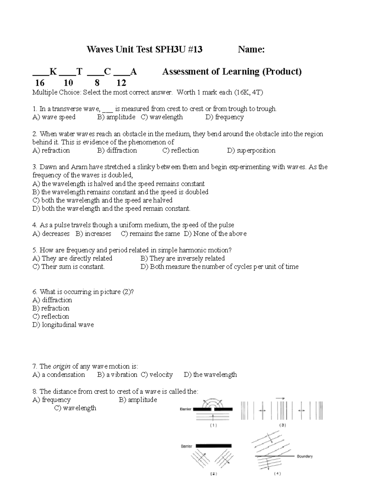 Waves Unit Test SPH3U: Mechanical Waves & Harmonics with Answers - Studocu