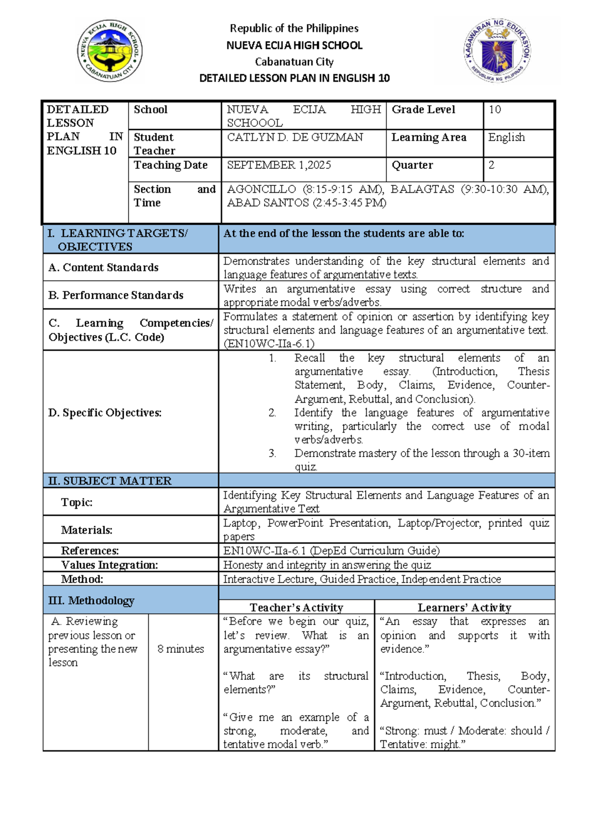 Detailed Lesson Plan in English 10: Argumentative Essay Focus - Studocu