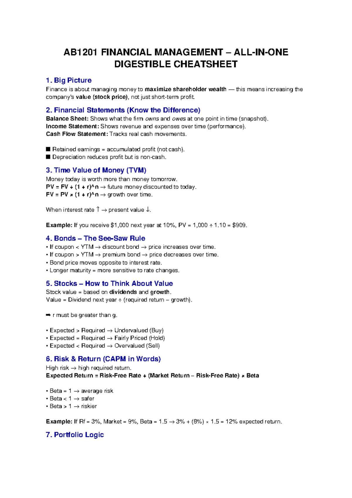 AB1201 FINANCIAL MANAGEMENT MIDTERM CHEAT SHEET - Studocu
