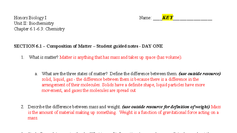 Honors Biology I (BIO101) Unit II: Biochemistry Sec 6.1 Study Guide ...