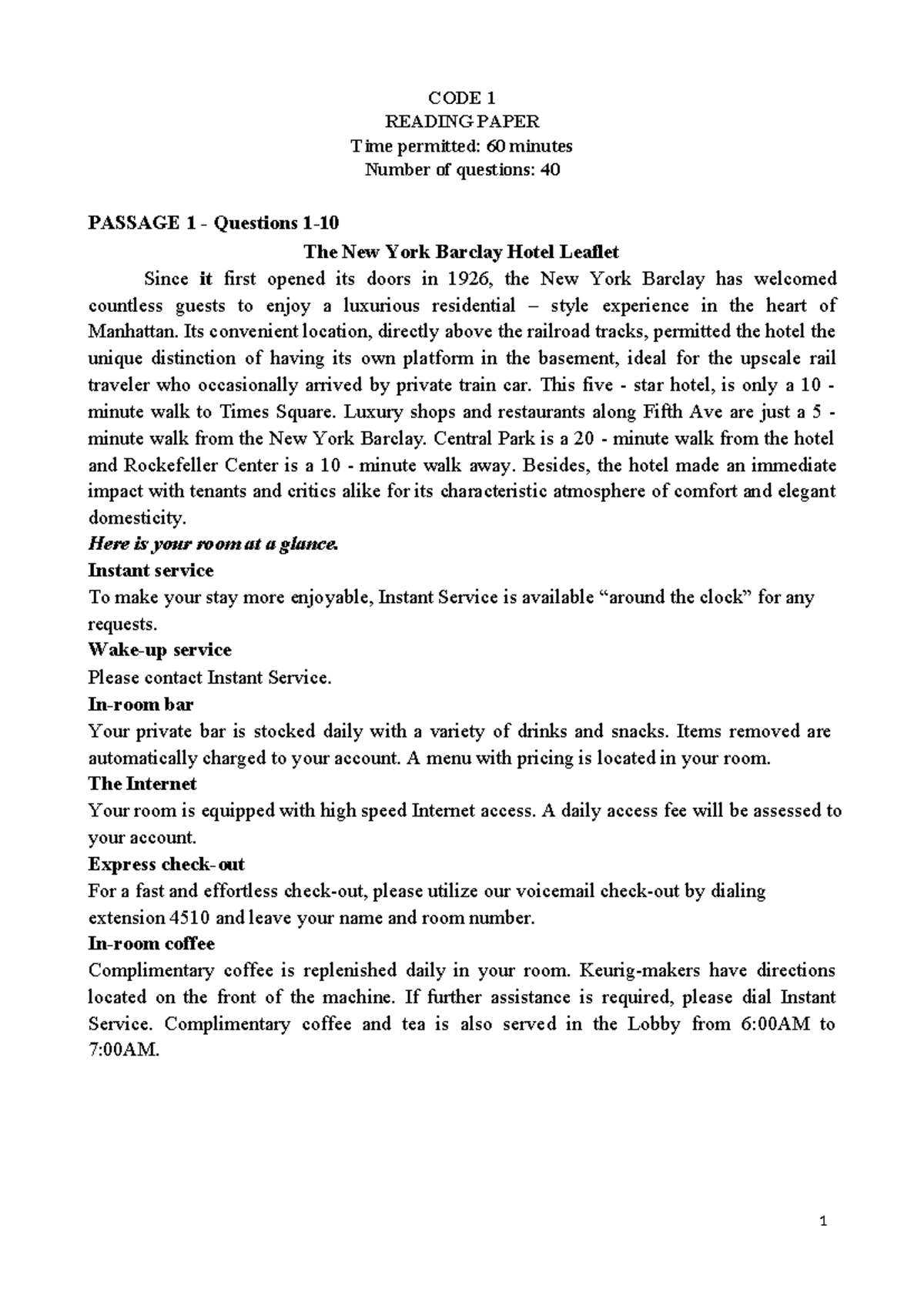 CODE 1 READING PAPER: Comprehensive Review and Practice Questions - Studocu