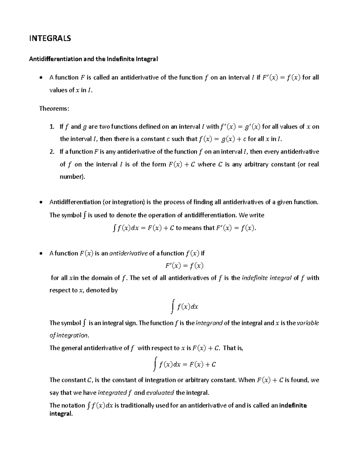 Antidifferentiation and the Indefinite Integral - INTEGRALS ...