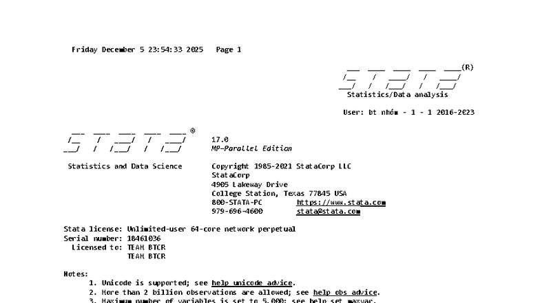 Statistics and Data Science 17.0: Stata Model Analysis (2016-2023) - Studocu